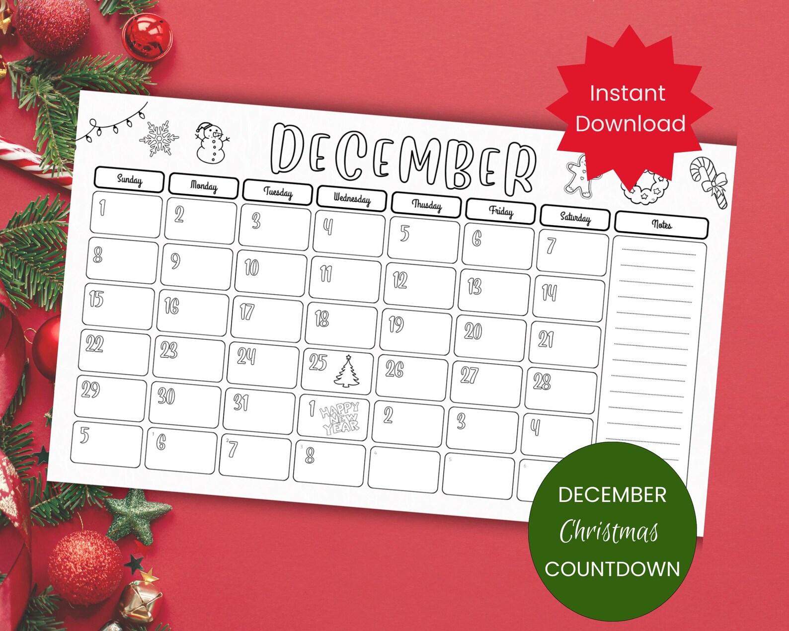 Christmas Countdown, Printable Christmas Coloring Calendar, Advent ...
