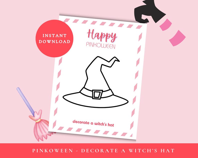 PRINTABLE Pinkoween Witch’s Hat Coloring Page, Halloween Activity, Pink ...
