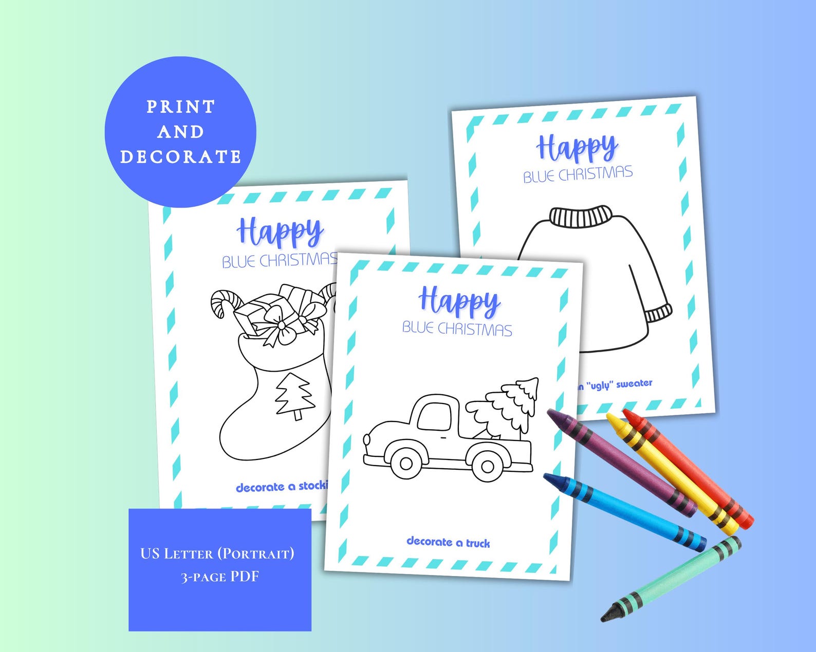 PRINTABLE Christmas Coloring Pages Bundle, Kids Coloring Bundle, Blue ...