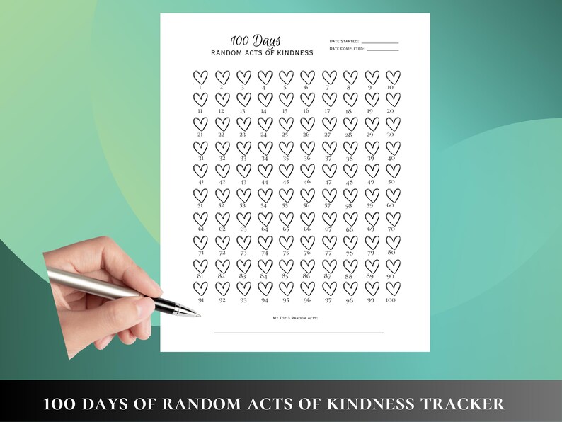 100 Day Printable Tracker BUNDLE, Random Acts of Kindness, Gratitude ...