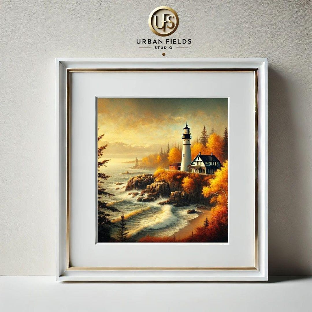 Nostalgic Autumn Lighthouse Poster | Coastal Cliff & Golden Trees ...