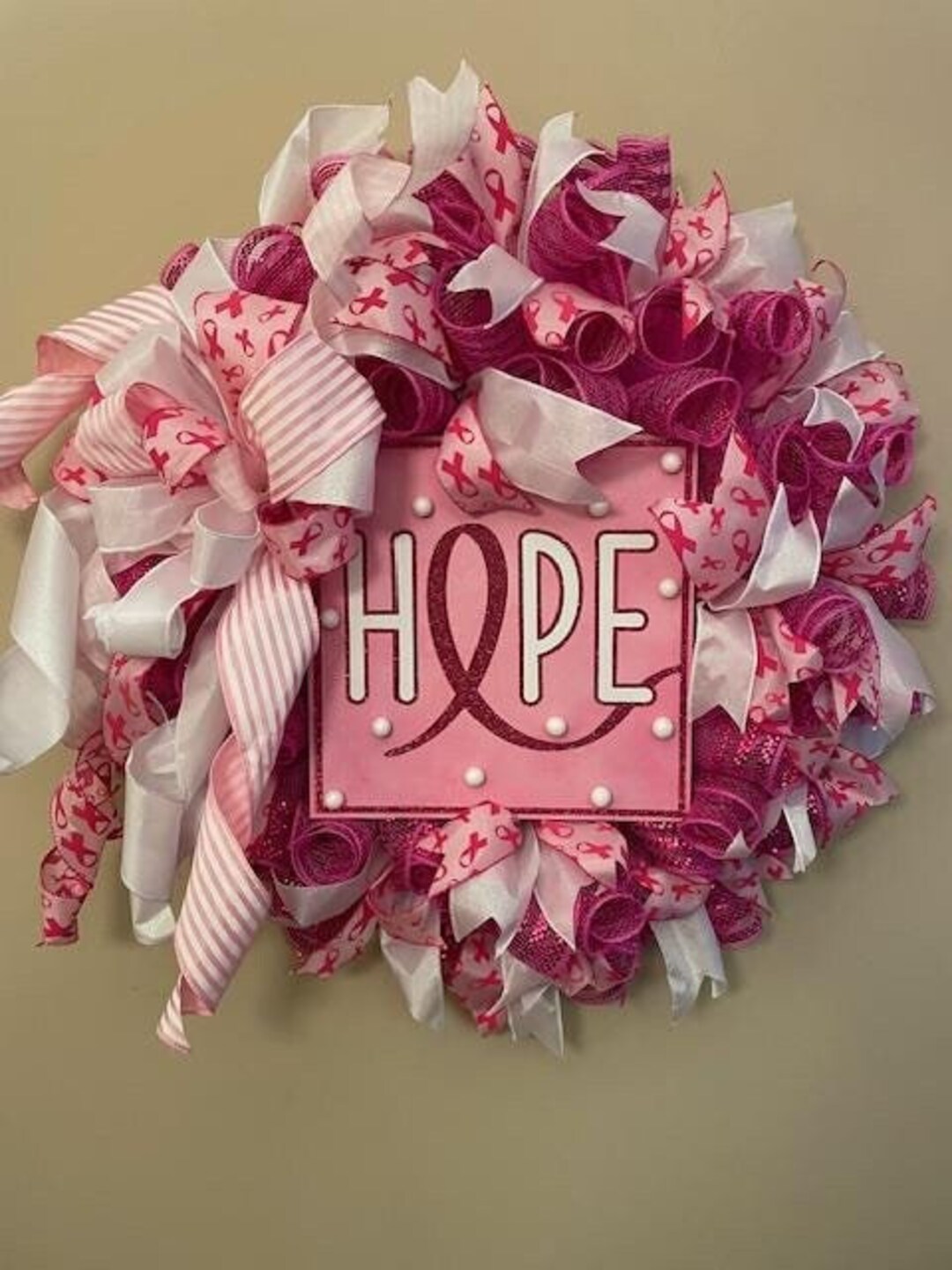 Breast Cancer Awareness Ribbon Wreath With HOPE Sign Handmade With Pink ...