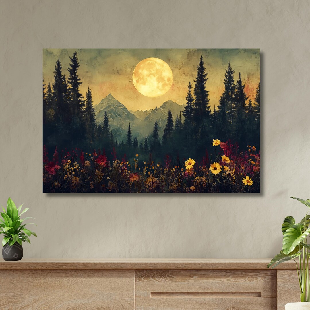 Full Moon Pine Tree Forest Canvas, Full Moon Wildflower Painting Print ...