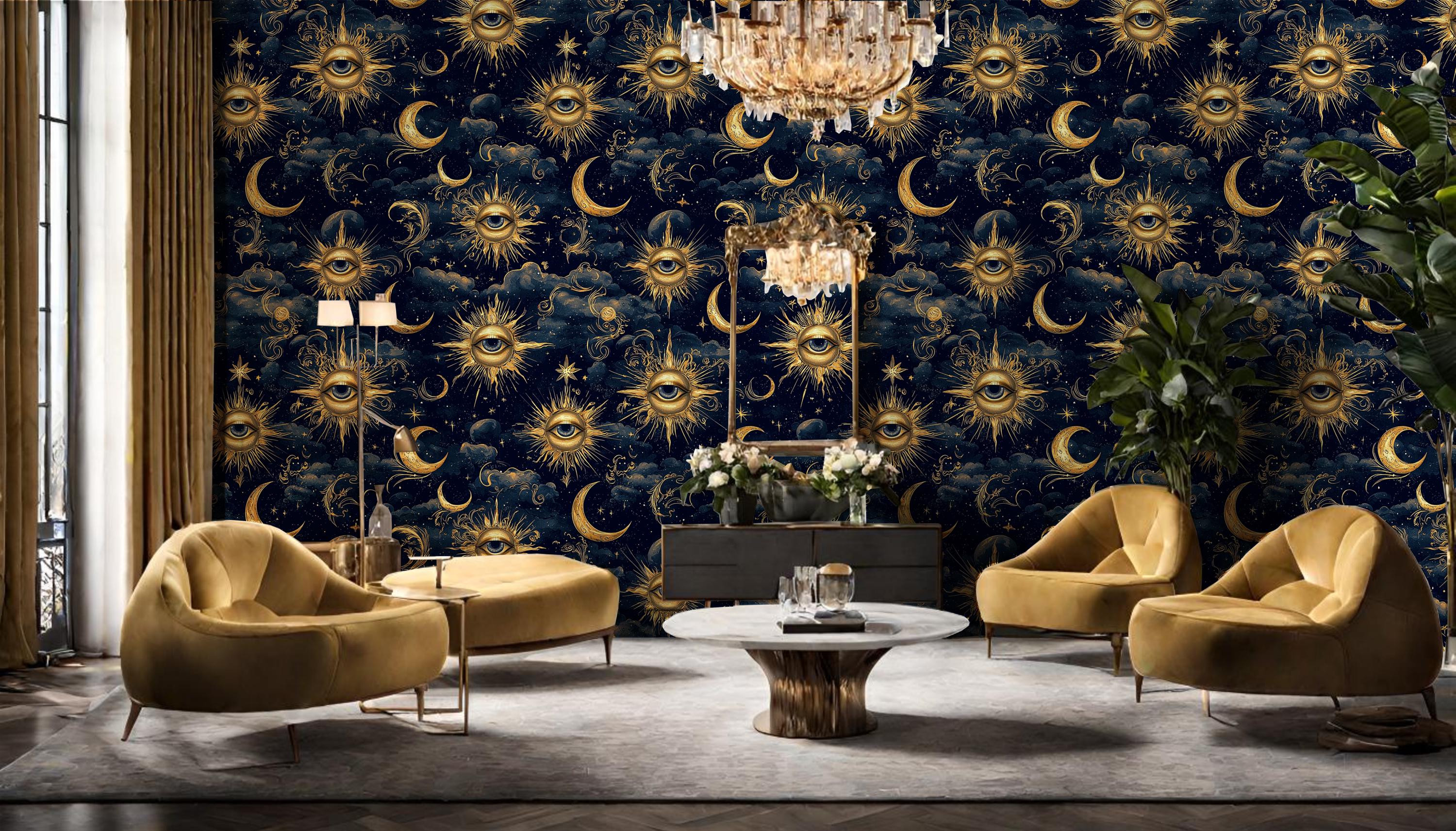 Celestial Eyes & Moonlit Wallpaper - Gold and Blue Cosmic Design | Peel ...