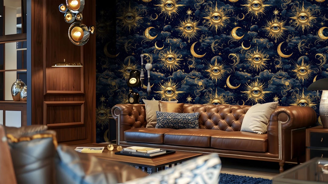 Celestial Eyes & Moonlit Wallpaper - Gold and Blue Cosmic Design | Peel ...