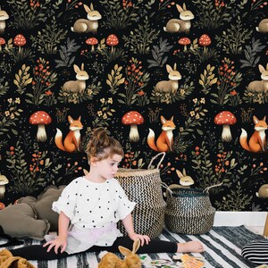 Woodland Creatures & Mushrooms Wallpaper Cozy Forest Animal Theme With ...