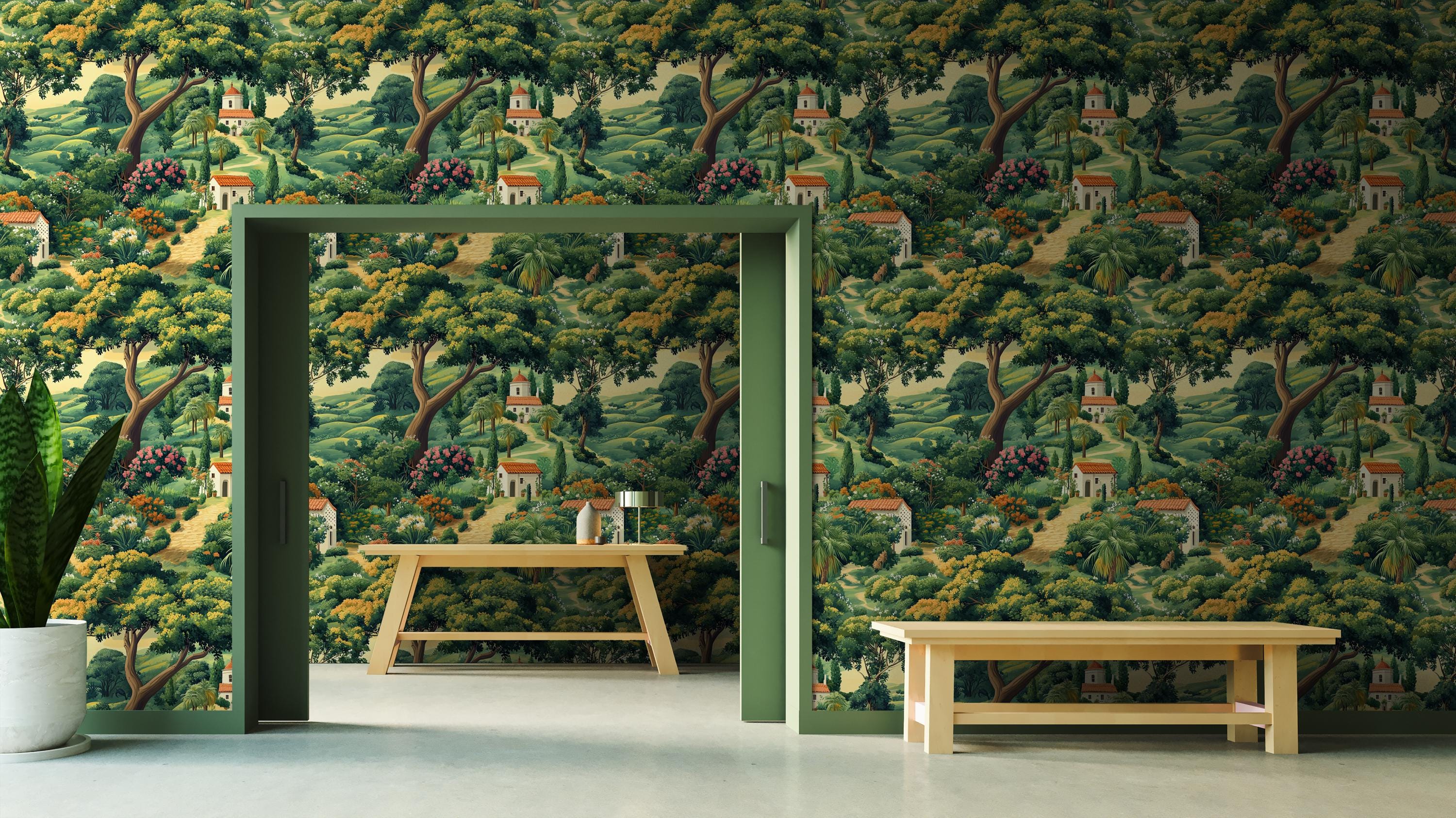 Nature Landscape Forest-themed Wallpaper Green Trees, Mountains, and ...