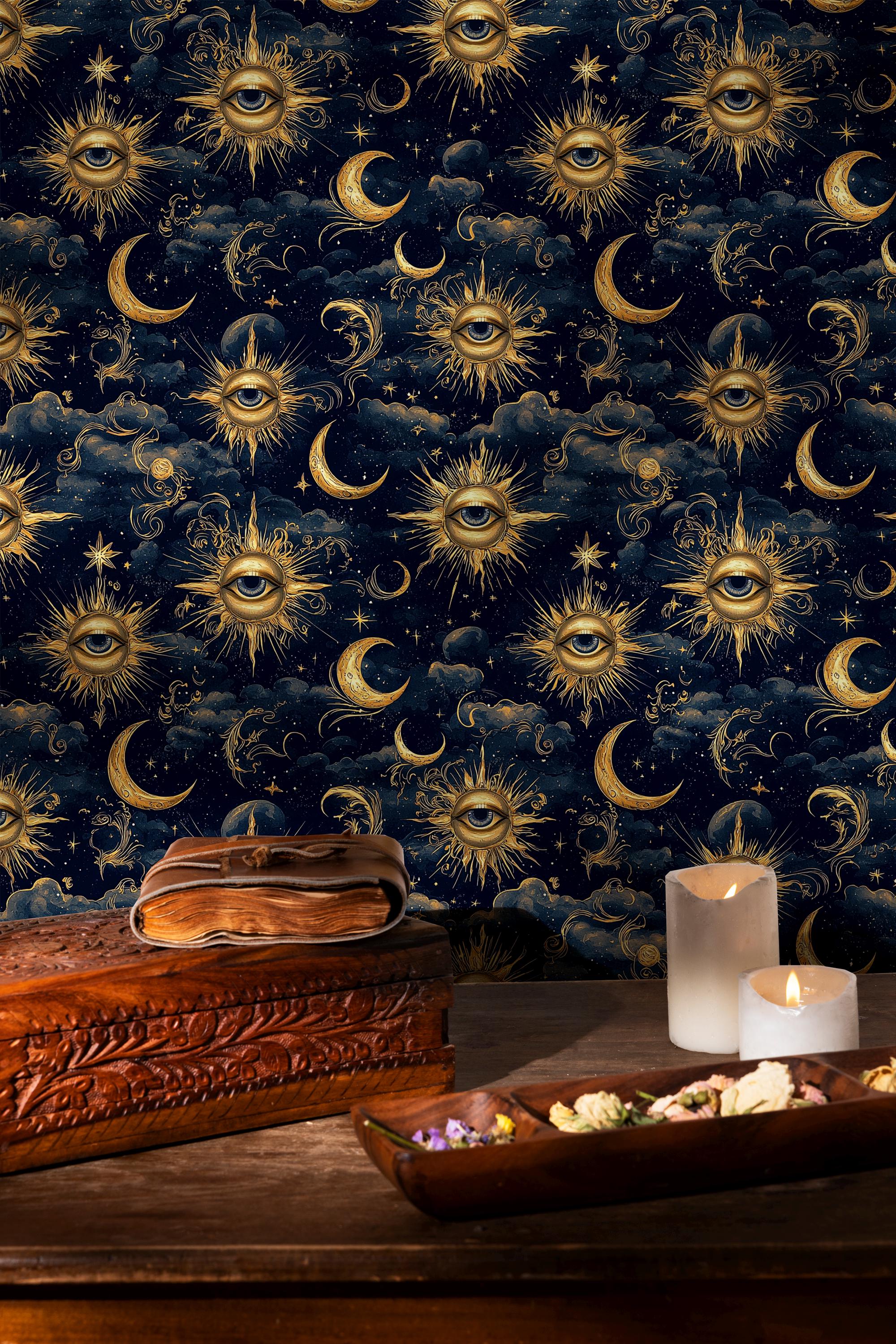 Celestial Eyes & Moonlit Wallpaper - Gold and Blue Cosmic Design | Peel ...