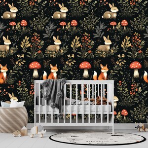 Woodland Creatures & Mushrooms Wallpaper Cozy Forest Animal Theme With ...