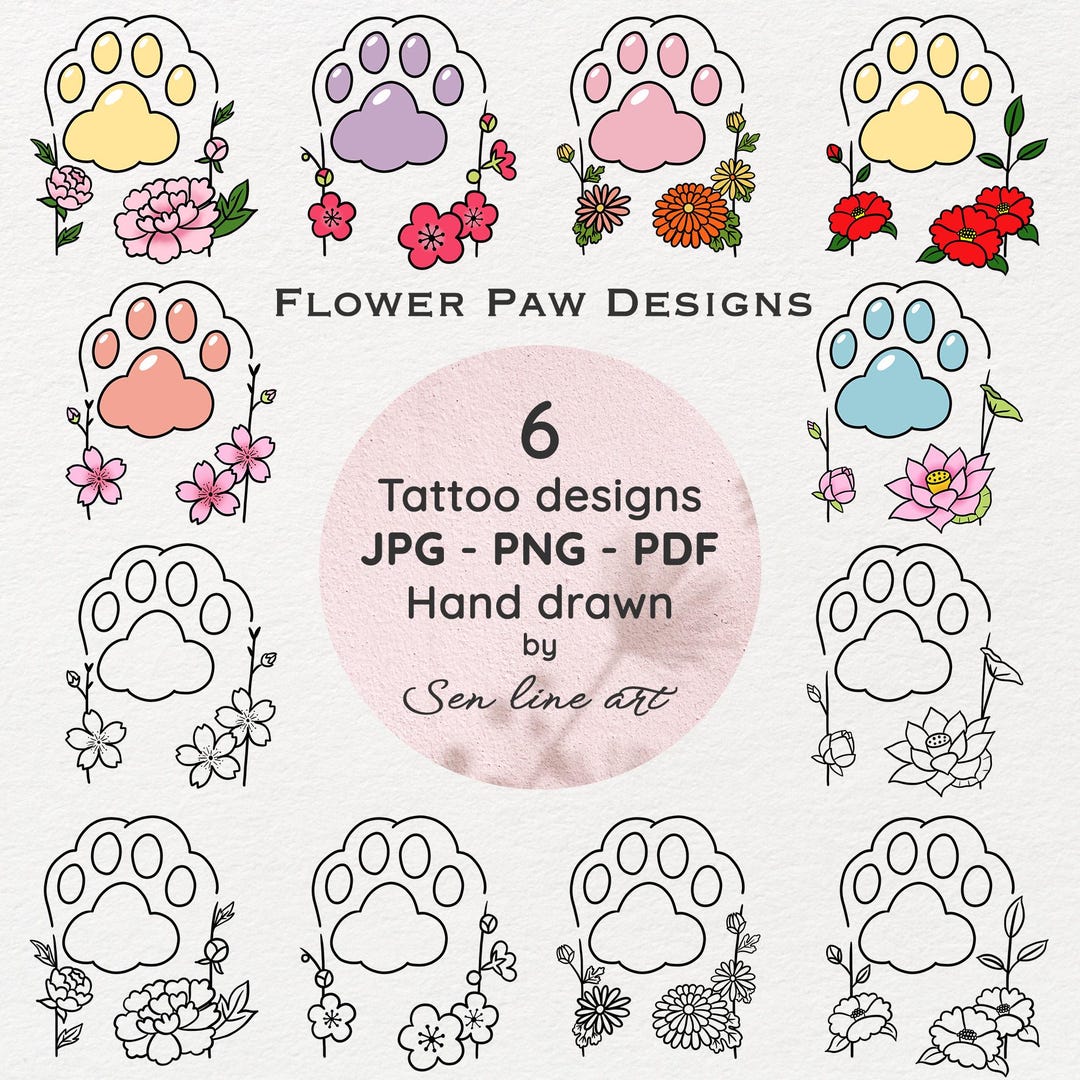 Japanese Birth Flower Paw Tattoo Designs, Minimalist Line Art (PNG/JPEG ...