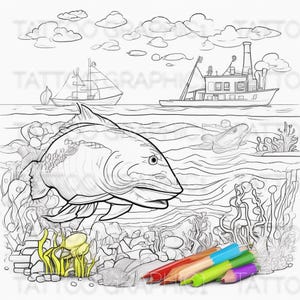50 Pages Ocean Scene Coloring Book for Adults & Kids - Relax With Sea ...