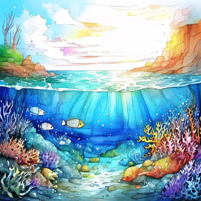 50 Pages Ocean Scene Coloring Book for Adults & Kids - Relax With Sea ...