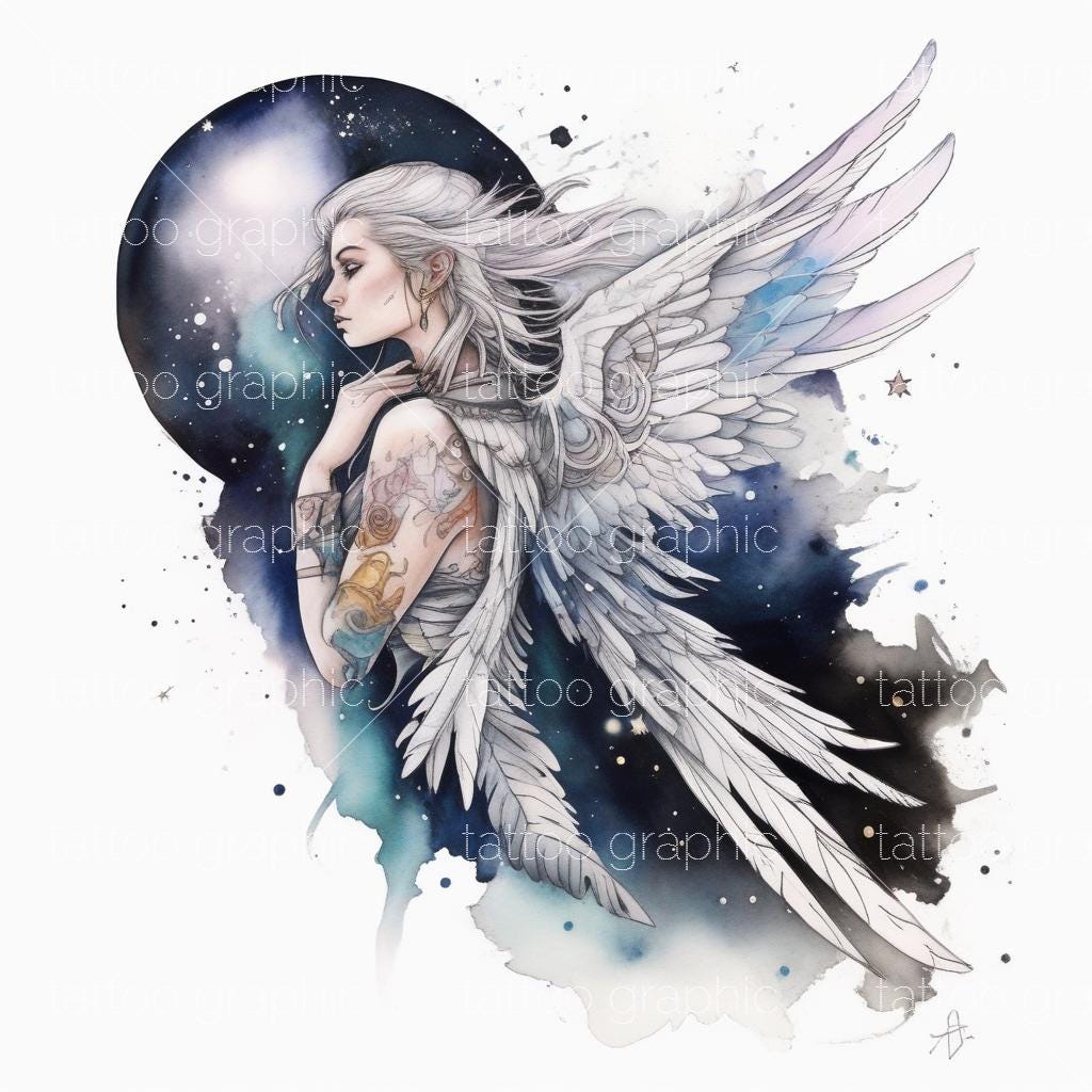 Celestial Feather Tattoo Design Sketch - Unique Starry Angel Ink, PNG ...