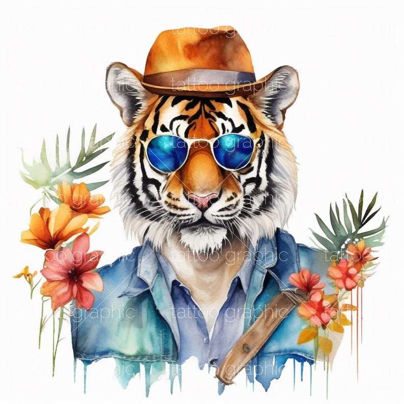 Cool Tiger Clipart | Tiger in Sunglasses Images | 12 Watercolor Clip ...