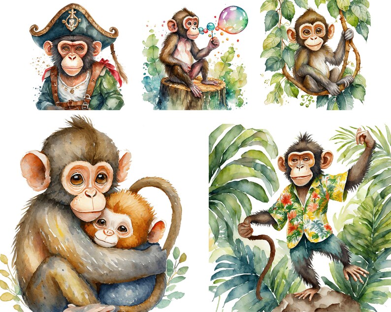 Adorable Watercolor Monkey Clipart Set - Perfect for Invitations ...