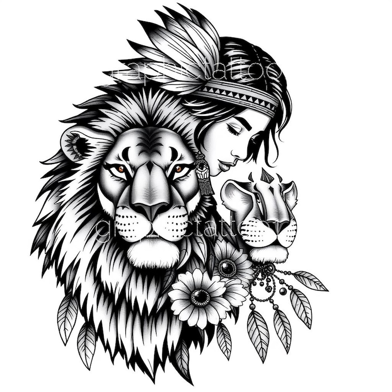 Unique Native American Girl Lion Tattoo Art - High-res PNG Download ...