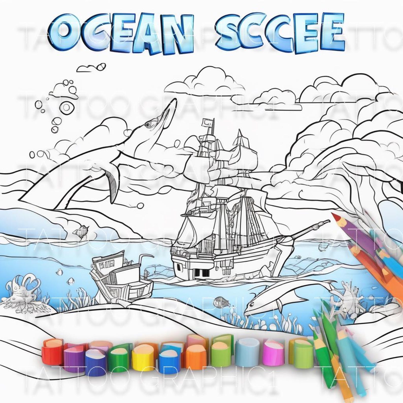 50 Pages Ocean Scene Coloring Book for Adults & Kids - Relax With Sea ...