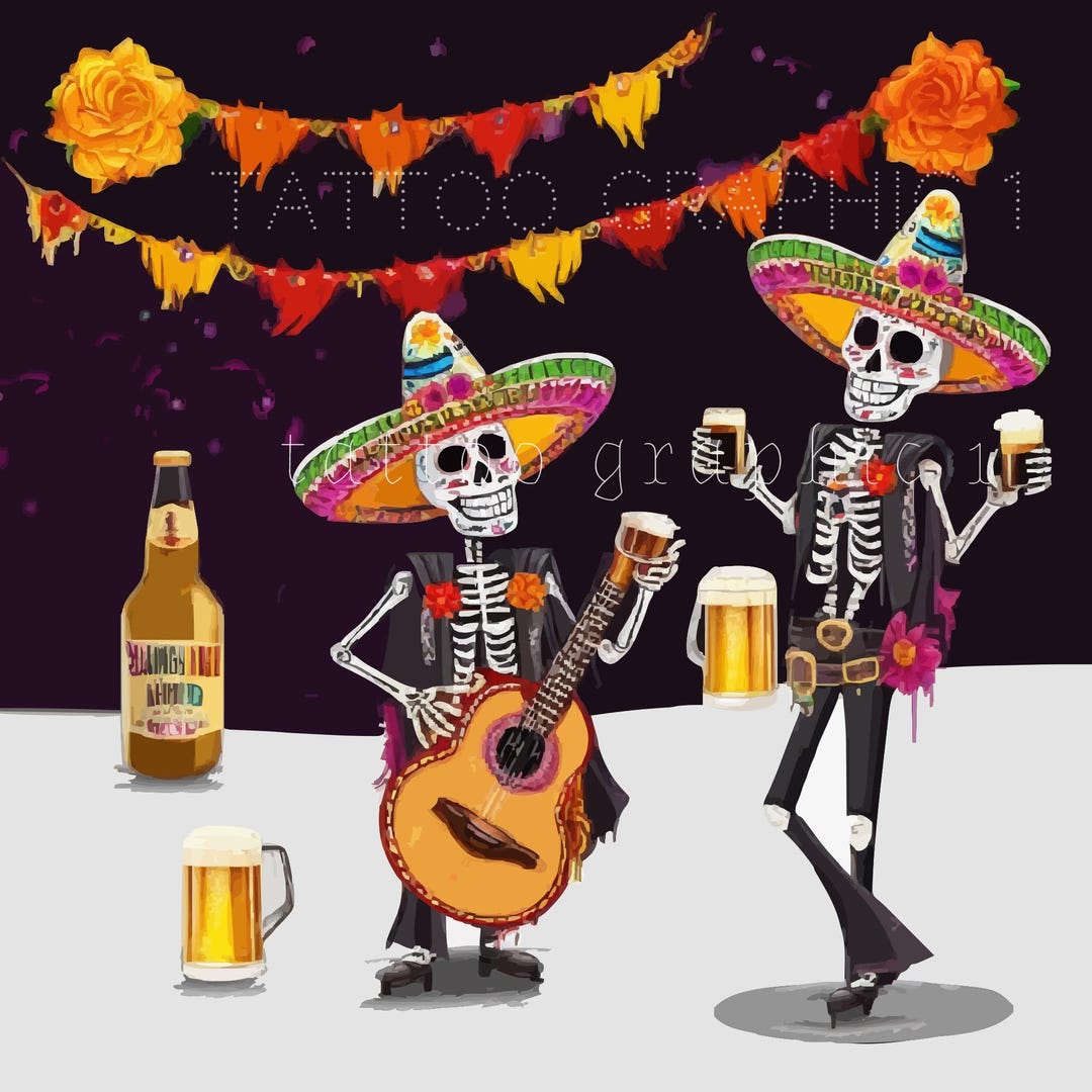 Dia De Los Muertos Clipart - Sugar Skull With Sombrero & Beer PNG for ...