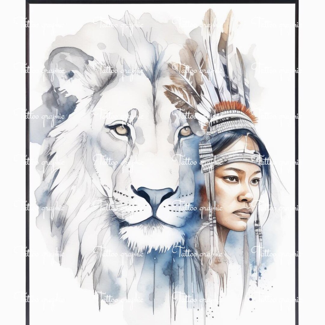 Native American Inspired Tattoo Design - High Quality Girl & Lion PNG ...