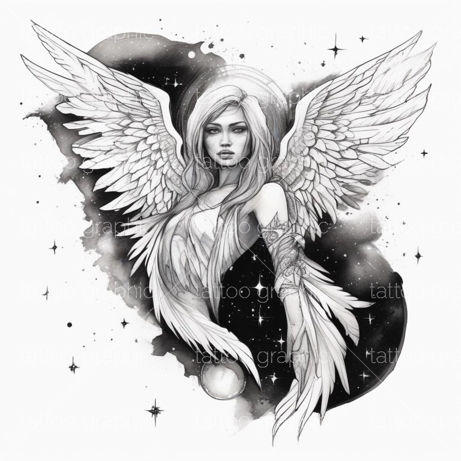 Celestial Feather Tattoo Design Sketch - Unique Starry Angel Ink, PNG ...