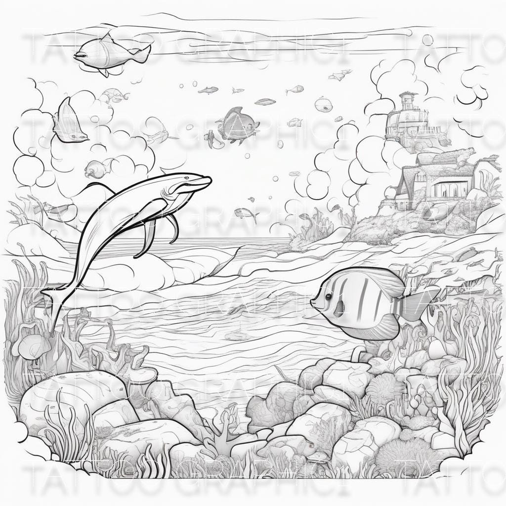 50 Pages Ocean Scene Coloring Book for Adults & Kids - Relax With Sea ...