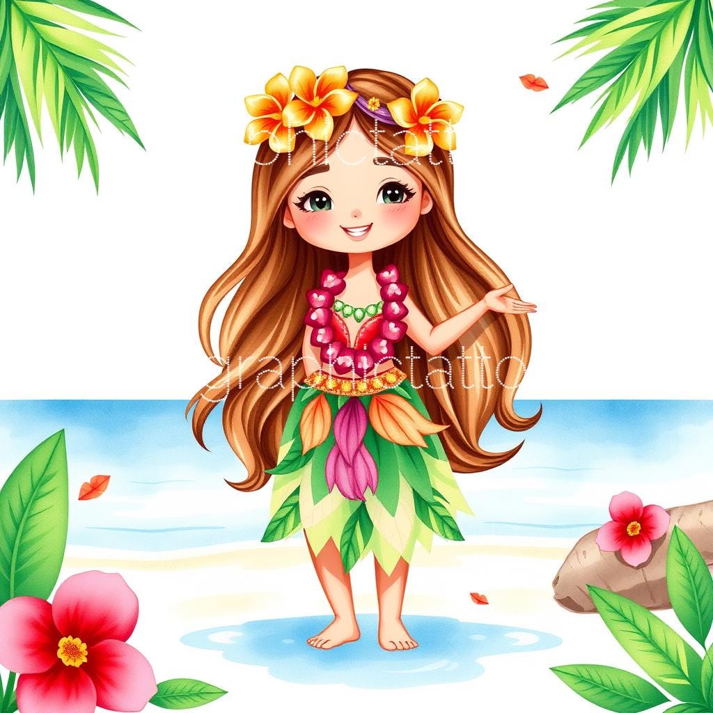 Hawaiian Hula Girl Clipart Watercolor Tropical Beach PNG Bundle Luau ...