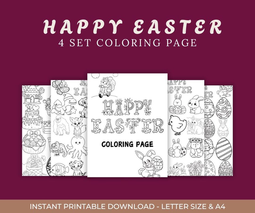 Easter Coloring Pages Set of 4, Holiday Kid's Craft Kit, Easter Bunny ...