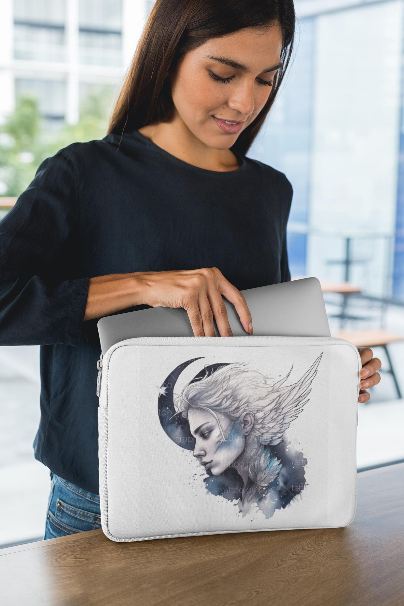 Celestial Feather Tattoo Design Sketch - Unique Starry Angel Ink, PNG ...