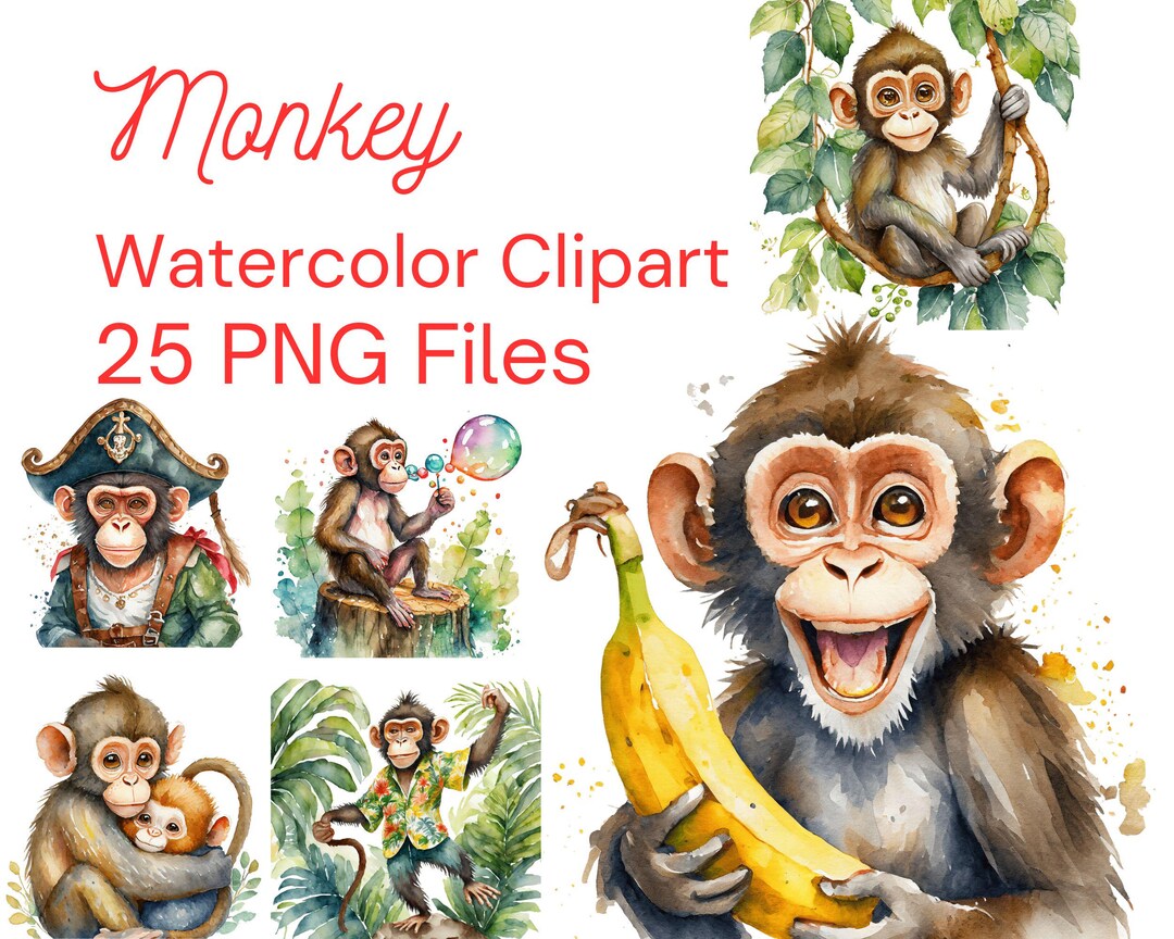 Adorable Watercolor Monkey Clipart Set - Perfect for Invitations ...