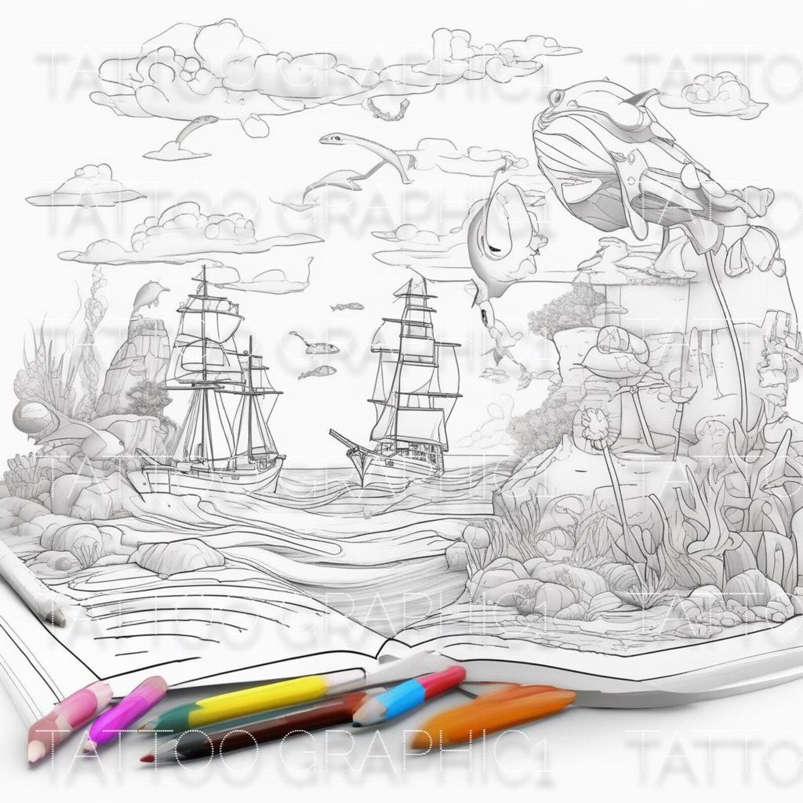 50 Pages Ocean Scene Coloring Book for Adults & Kids - Relax With Sea ...