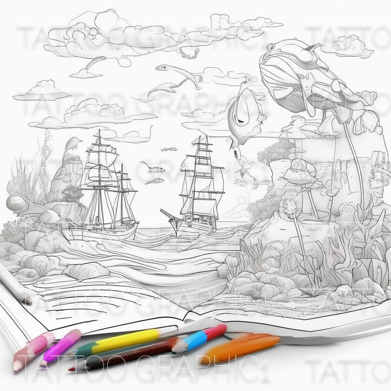 50 Pages Ocean Scene Coloring Book for Adults & Kids - Relax With Sea ...