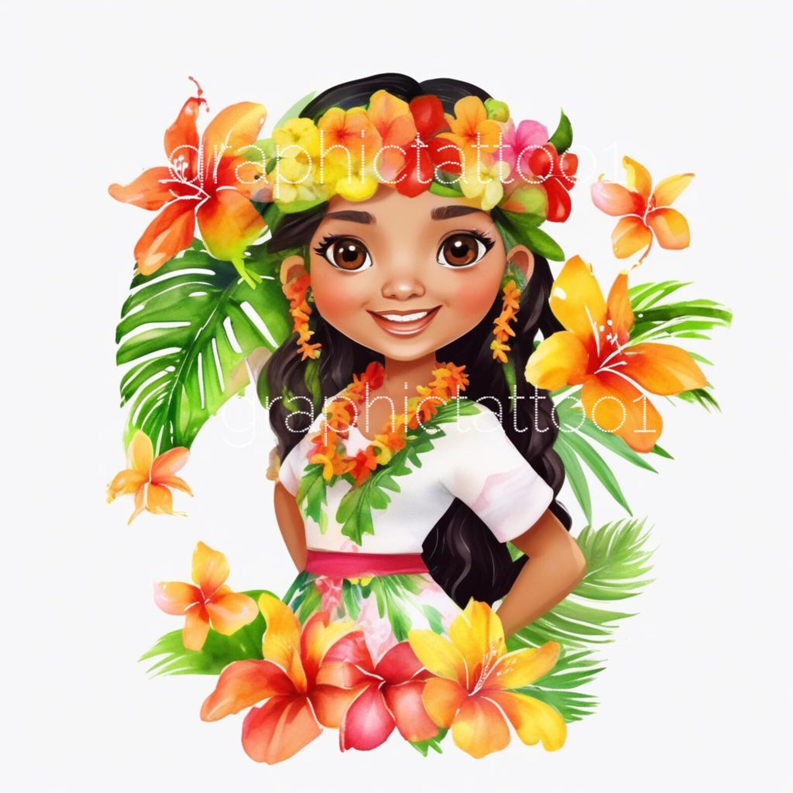 Hawaiian Hula Girl Clipart Watercolor Tropical Beach PNG Bundle Luau ...