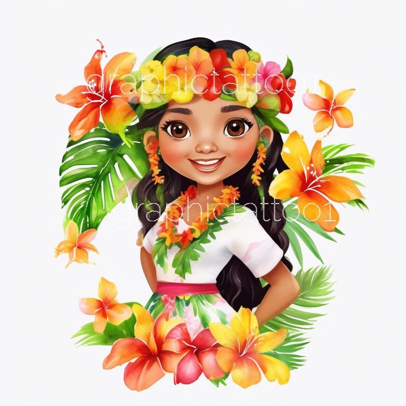 Hawaiian Hula Girl Clipart Watercolor Tropical Beach PNG Bundle Luau ...