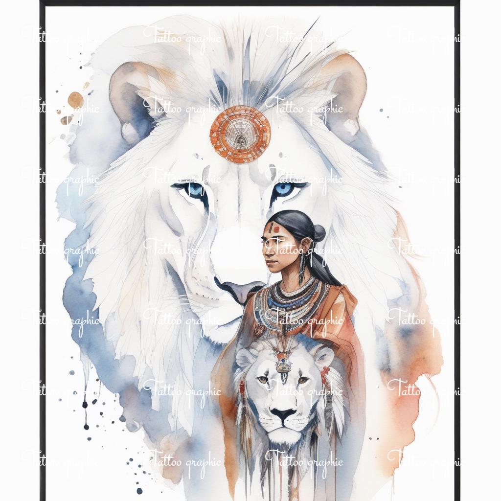 Native American Inspired Tattoo Design - High Quality Girl & Lion PNG ...