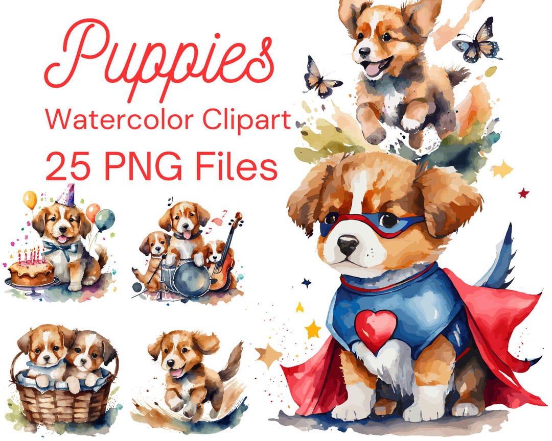 Watercolor Puppy Clipart Bundle - High-quality Hand-painted Digital ...