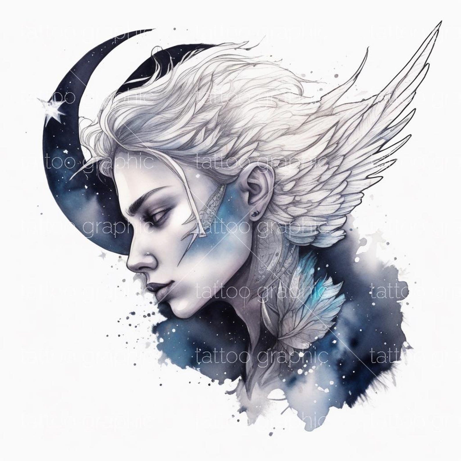 Celestial Feather Tattoo Design Sketch - Unique Starry Angel Ink, PNG ...