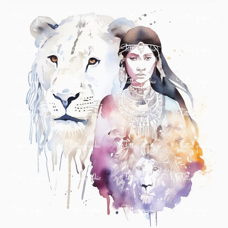 Native American Inspired Tattoo Design - High Quality Girl & Lion PNG ...