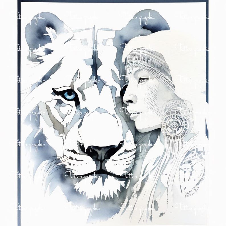Native American Inspired Tattoo Design - High Quality Girl & Lion PNG ...