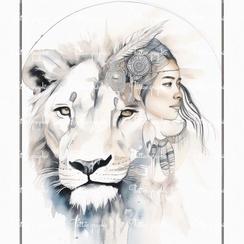 Native American Inspired Tattoo Design - High Quality Girl & Lion PNG ...