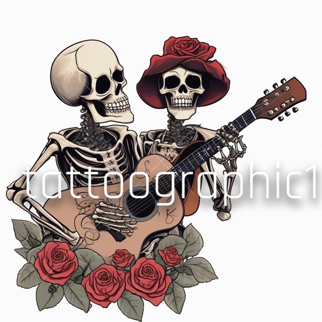 Skeleton Serenade Tattoo PNG | Female Skeleton Listens Male Guitar ...