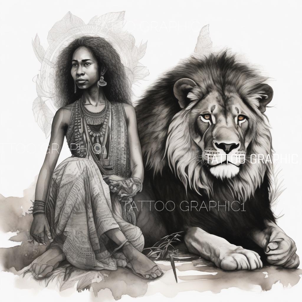 Native American Inspired Tattoo Design: High Quality Girl & Lion PNG ...