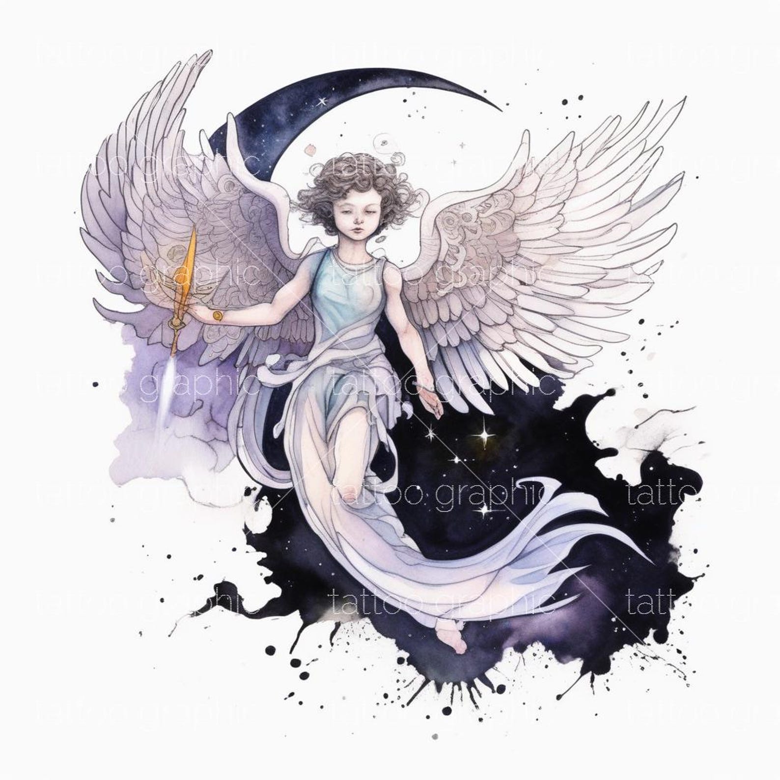 Celestial Feather Tattoo Design Sketch - Unique Starry Angel Ink, PNG ...