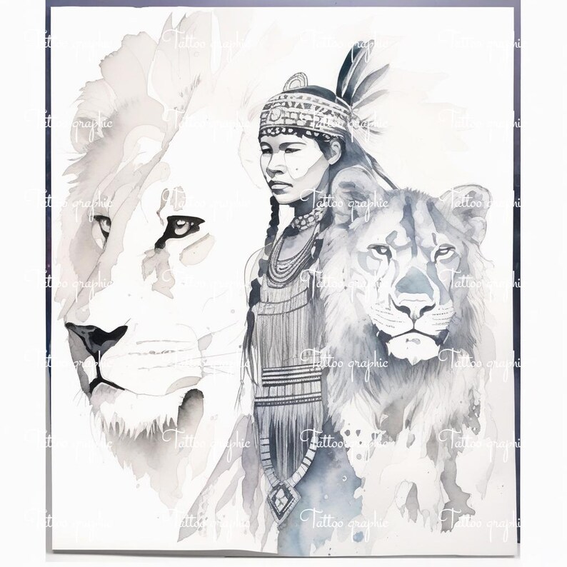 Native American Inspired Tattoo Design - High Quality Girl & Lion PNG ...