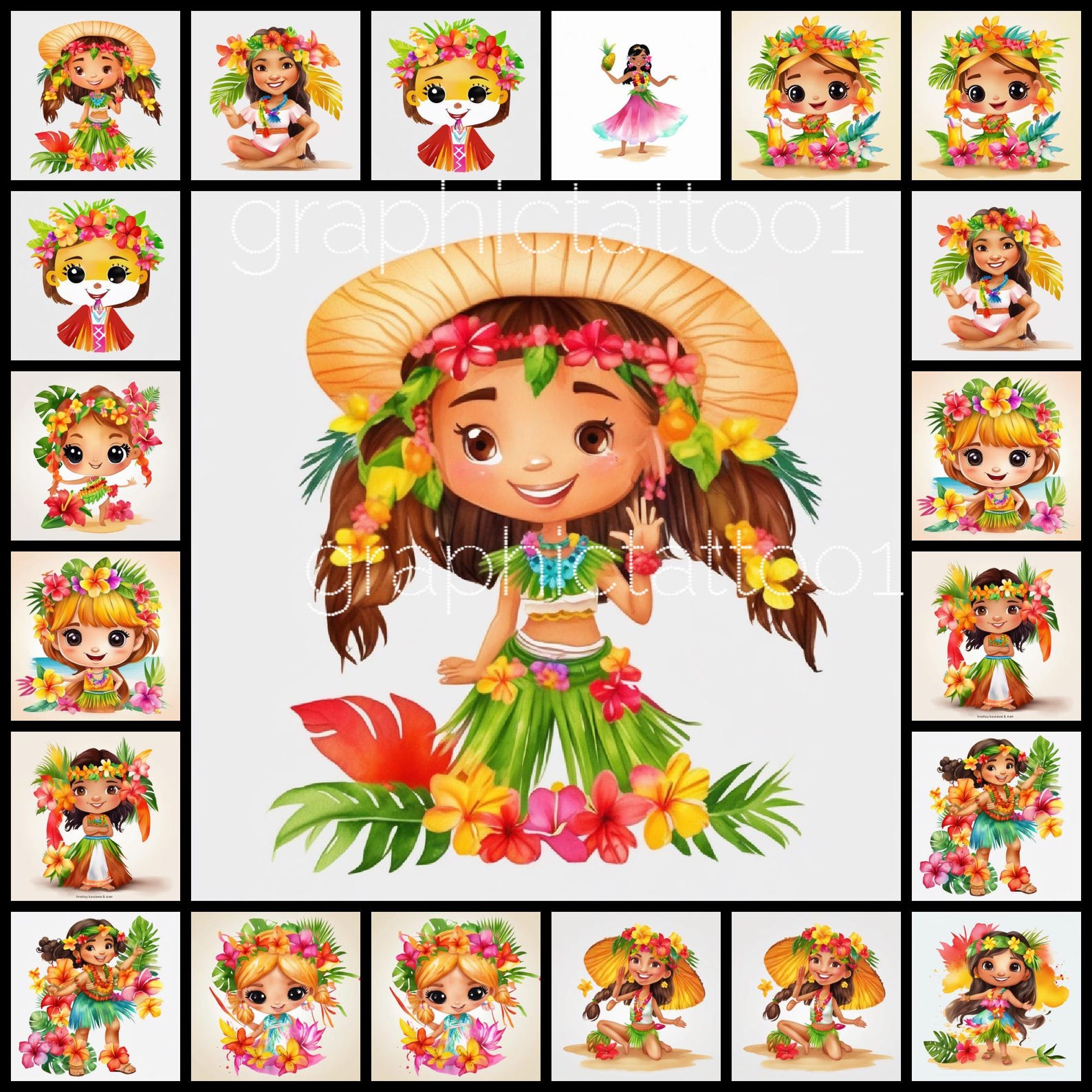 Hawaiian Hula Girl Clipart Watercolor Tropical Beach PNG Bundle Luau ...