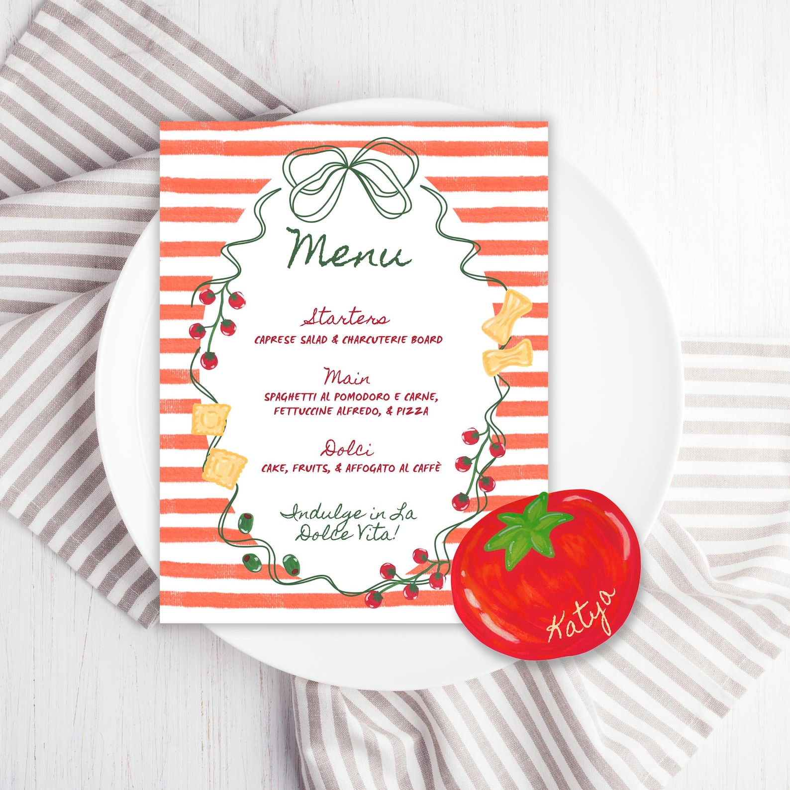 Italian Menu, Tomato Place Card | Editable Canva Template | Printable ...