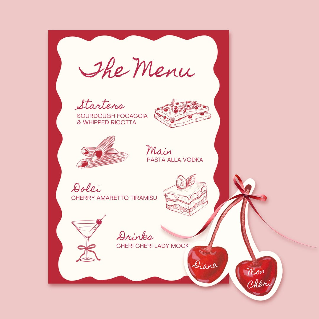 Mon Chéri Menu and Matching Place Card Set – Elegant Wedding Table Decor, Cherry Design ...