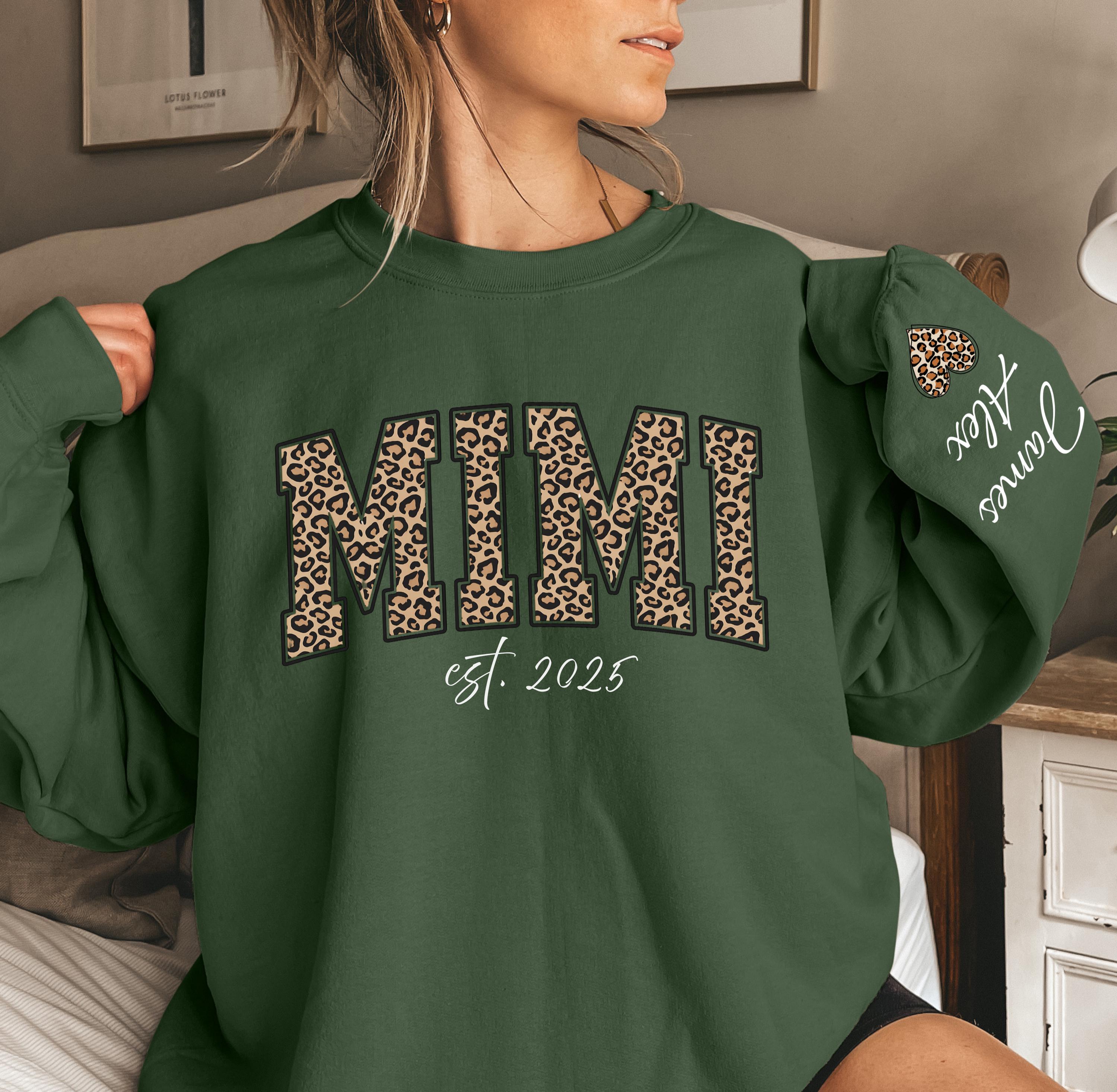 Custom Leopard Mimi Sweatshirt With Kid Name on Sleeve, Personalized ...
