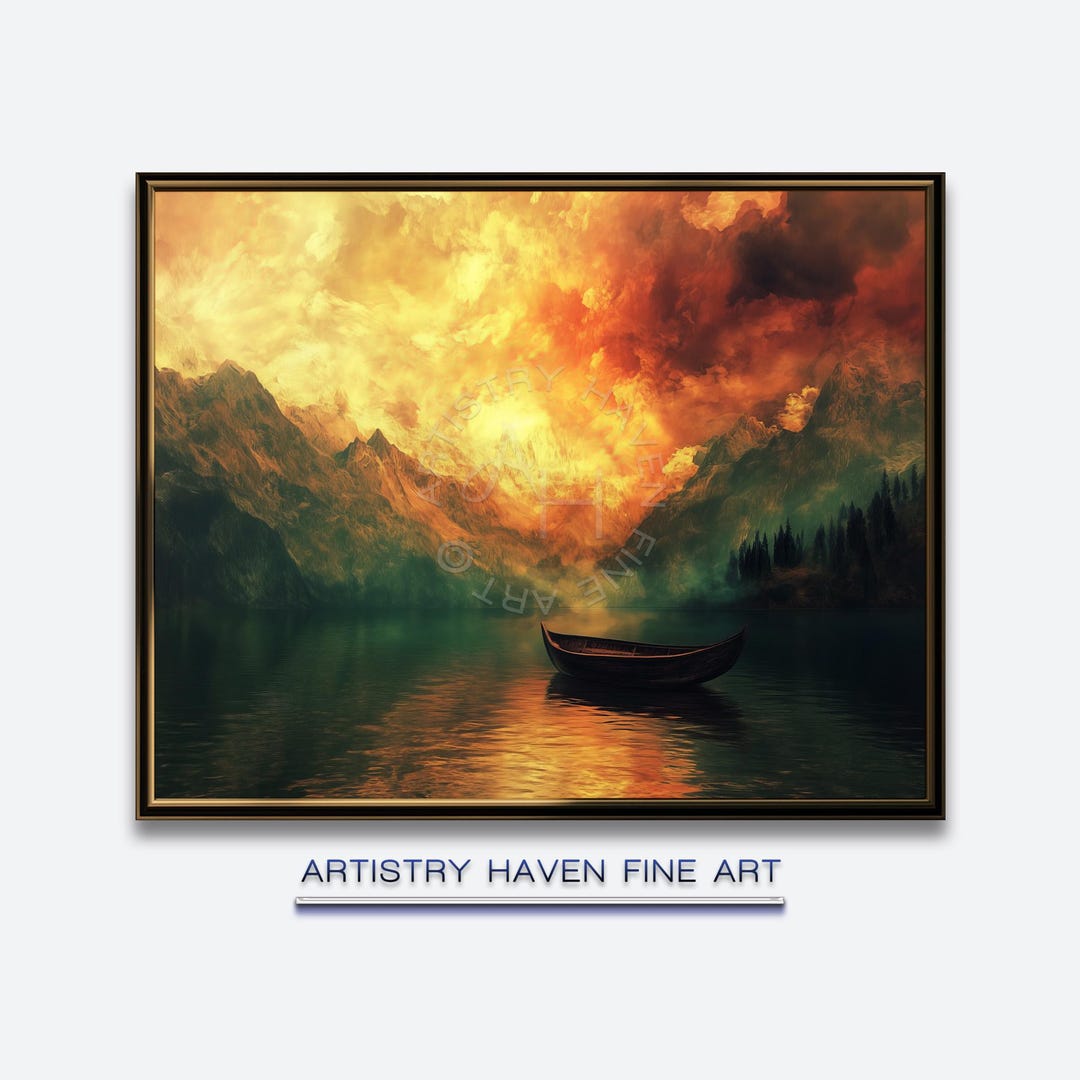 Fiery Sunset Lake Printable: Dramatic Mountain Landscape Art (digital ...