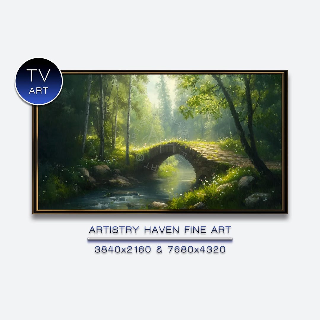Stone Bridge Forest Print: Cottagecore TV Art, Serene Woodland Path ...