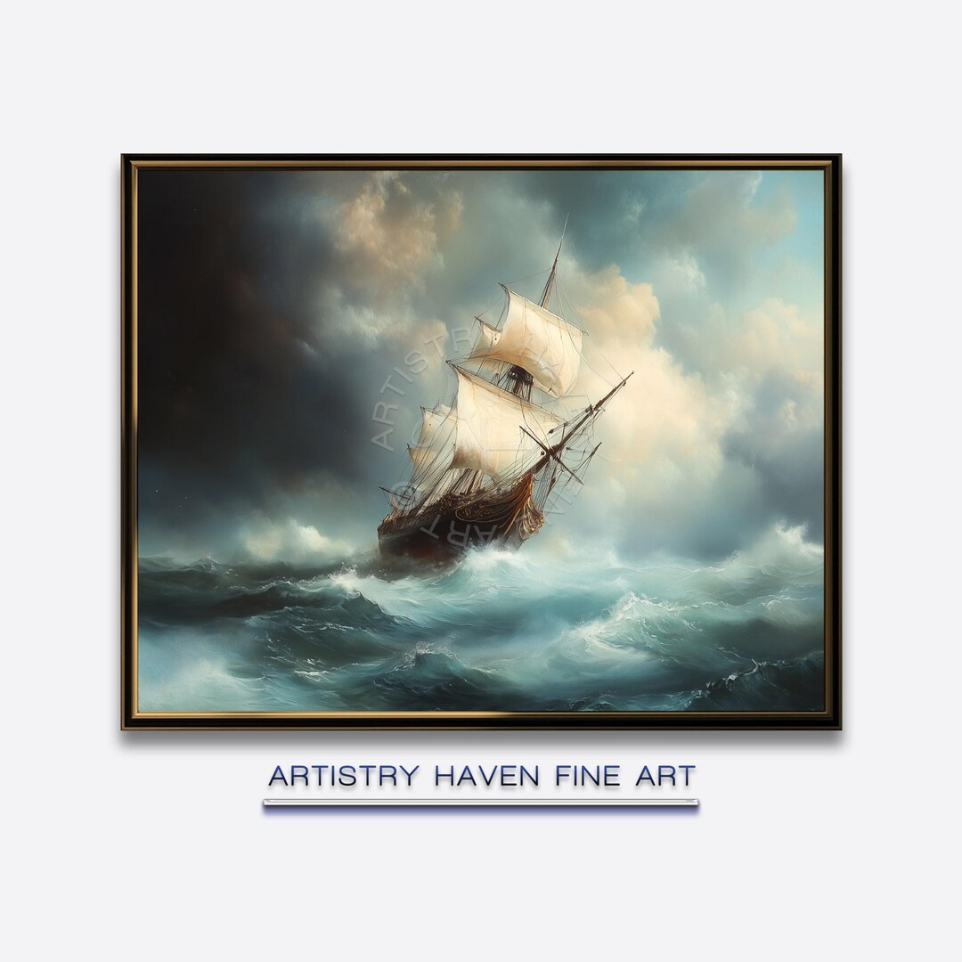 Stormy Seas Tall Ship Painting: Nautical Seascape Art Print (digital ...